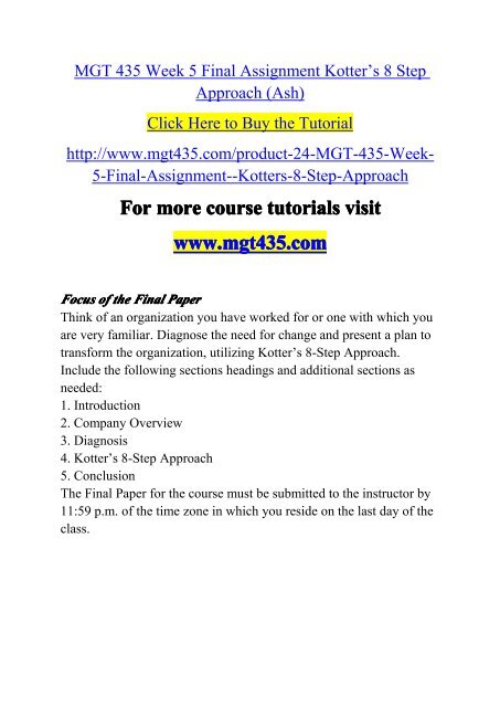 MGT 435 Week 5 Final Assignment Kotter’s 8 Step Approach