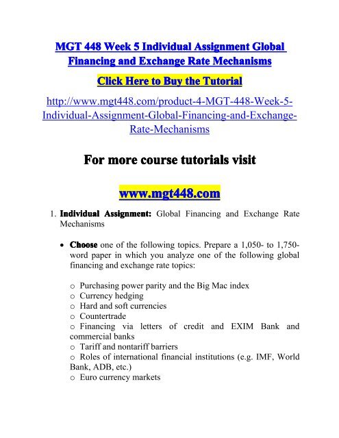 MGT 448 week 5 Individual Assignment Global Financing MGT 448 week 5 Individual Assignment Global Financing