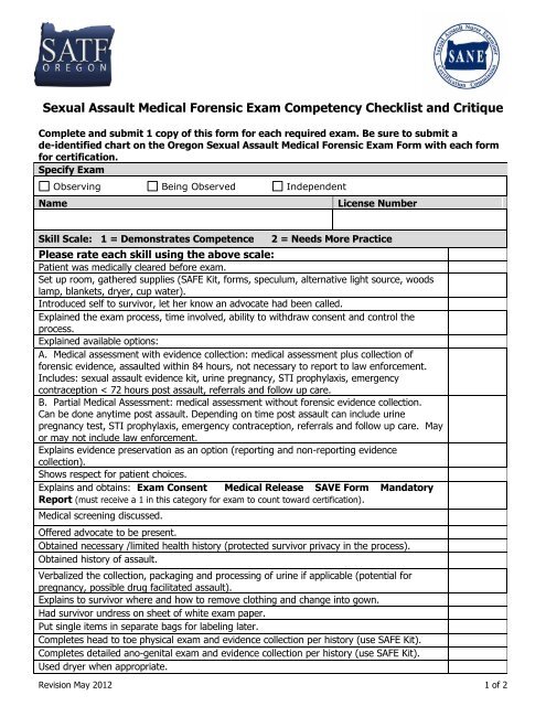 Sexual Assault Medical Forensic Exam Competency Checklist and Critique
