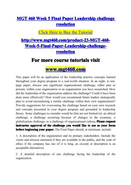 MGT 460 Week 5 Final Paper Leadership