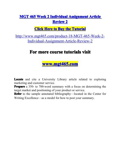 MGT 465 Week 2 Individual Assignment Article