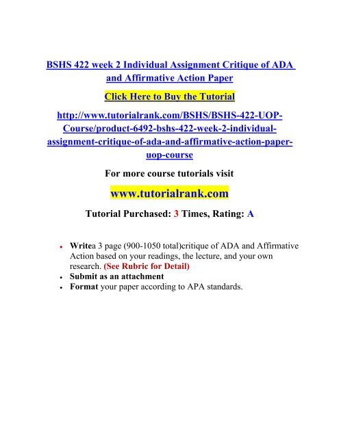 BSHS 422 week 2 Individual Assignment Critique of ADA and Affirmative ...