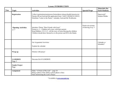 Lesson Plan Grid God and Me