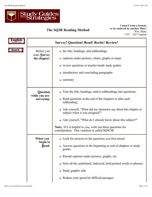 The SQ3R Reading Method - Student Learning Outcomes