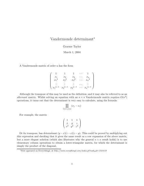 determinant de vandermonde recurrence