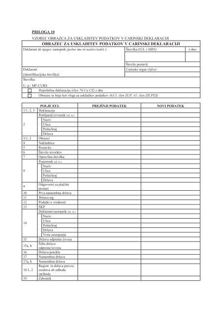 OBRAZEC ZA USKLADITEV PODATKOV V CARINSKI DEKLARACIJI