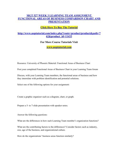 MGT 527 WEEK 3 LEARNING TEAM ASSIGNMENT FUNCTIONAL AREAS OF BUSINESS COMPARISON CHART AND ...