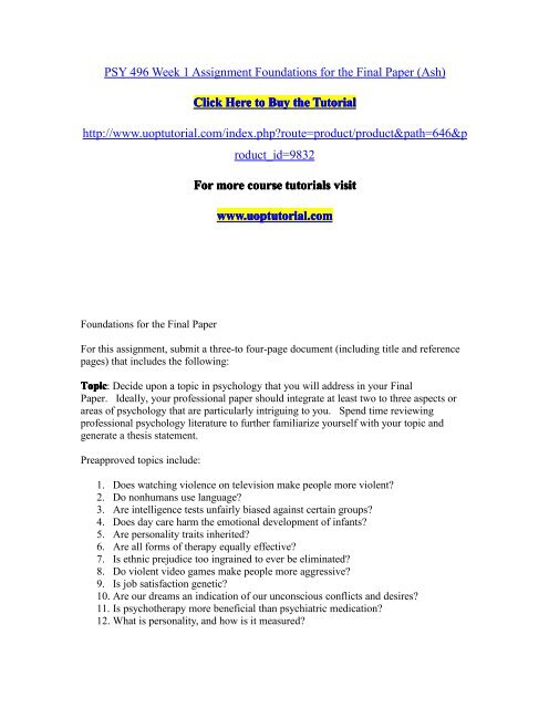 PSY 496 Week 1 Assignment Foundations for the Final Paper (Ash)/Uoptutorial