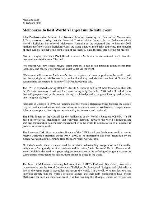 Melbourne to host World’s largest multi-faith event