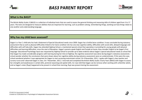 BAS3 Parent Report Early Years - GL Assessment