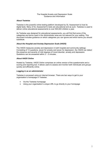 HADS Online guidance notes - GL Assessment