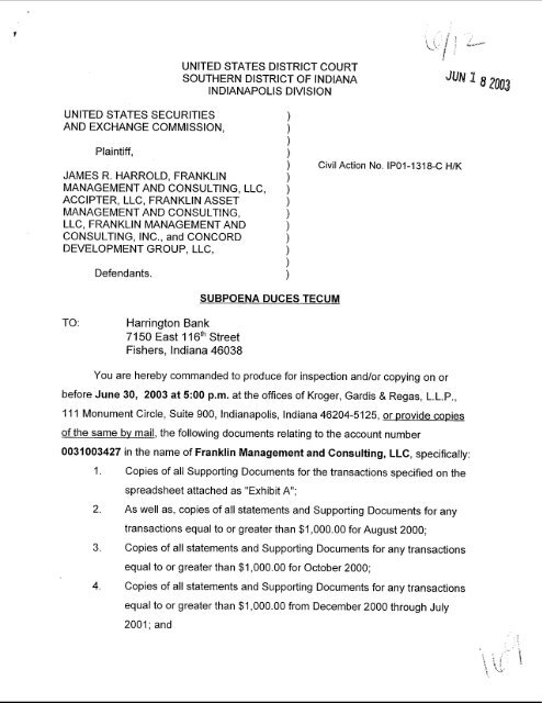 Subpoena Duces Tecum (to Harrington Bank); June 12, 2003.