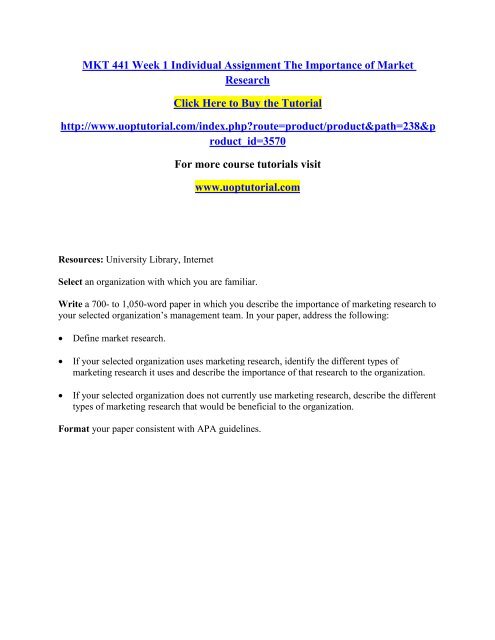 MKT 441 Week 1 Individual Assignment The Importance of Market Research ...