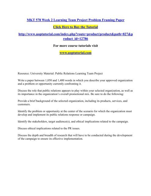 MKT 578 Week 2 Learning Team Project Problem Framing Paper/Uoptutorial