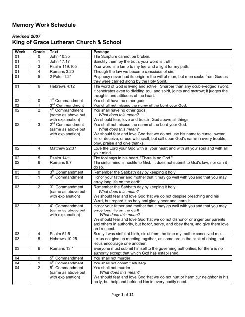 Memory Work Schedule King of Grace Lutheran Church & School