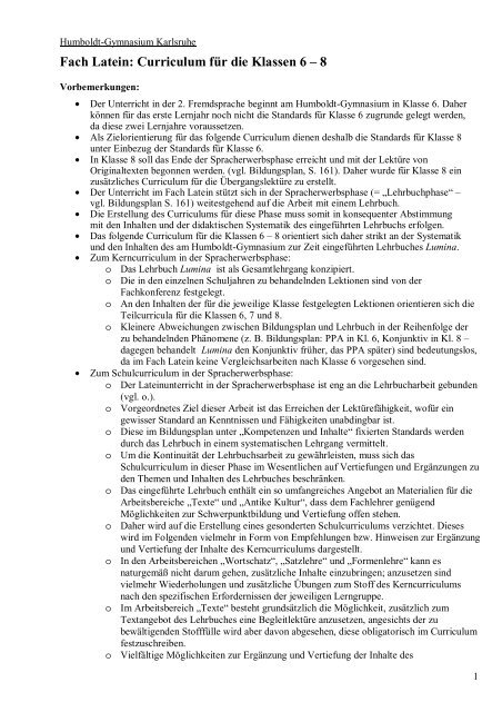 Fach Latein: Curriculum für die Klassen 6 - auf der Homepage des ... Fach Latein: Curriculum für die Klassen 6 - auf der Homepage des ...