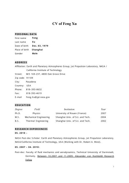 CV of Feng Xu - NASA