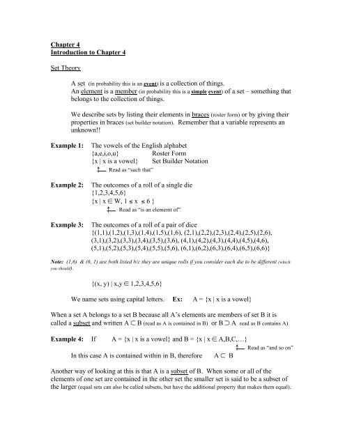 Chapter 4 Introduction to Chapter 4 Set Theory ) of a set ...