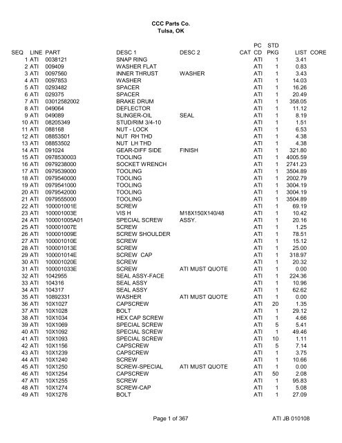 CCC Parts Co. Tulsa, OK SEQ LINE PART DESC 1 DESC 2 CAT PC ...