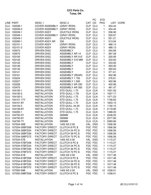 Eaton (Spicer) Clutch 2013 List Prices - CCC Parts Company