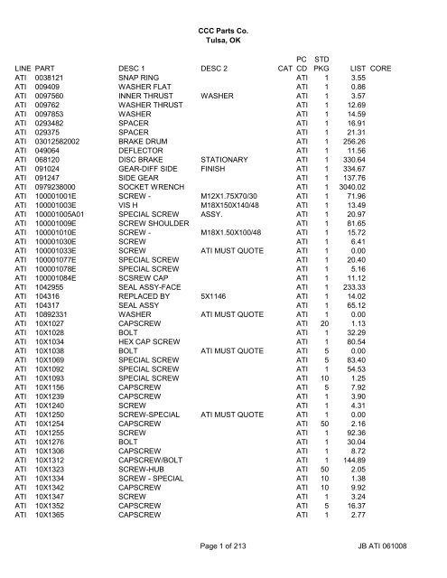 CCC Parts Co. Tulsa, OK LINE PART DESC 1 DESC 2 CAT PC CD ...