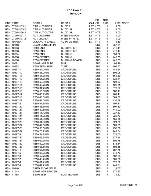 CCC Parts Co. Tulsa, OK LINE PART DESC 1 DESC 2 CAT PC CD ...