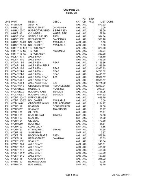 JB AXL 090111R - CCC Parts Company