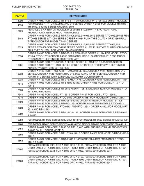 part # service note - CCC Parts Company