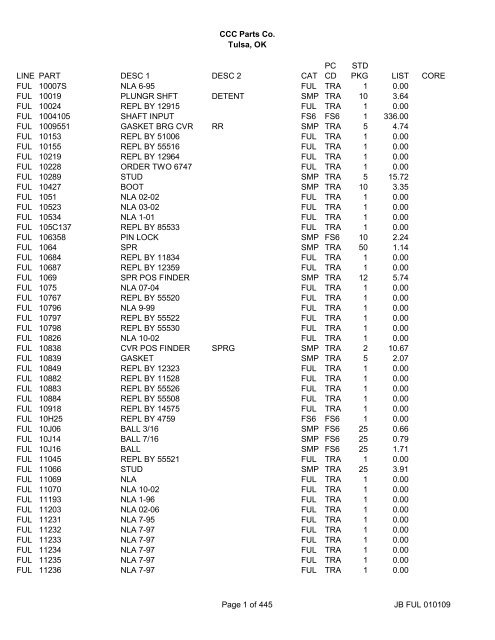 Fuller 2009 List Prices - CCC Parts Company
