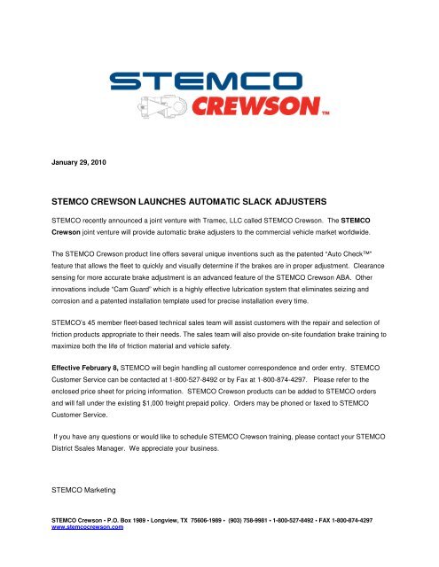 STEMCO CREWSON LAUNCHES AUTOMATIC SLACK ADJUSTERS
