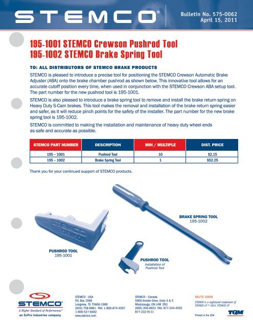 195-1001 STEMCO Crewson Pushrod Tool 195-1002 STEMCO Brake Spring Tool