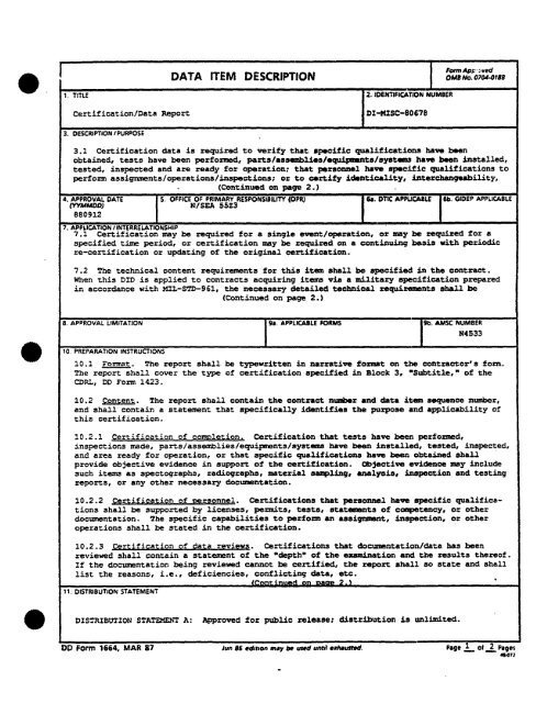 Certification/Data Report (DI-MISC-80678)