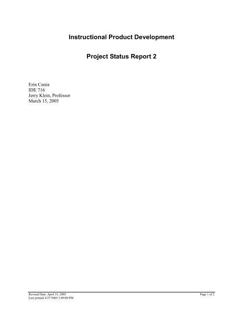 Instructional Product Development Project Status Report 2