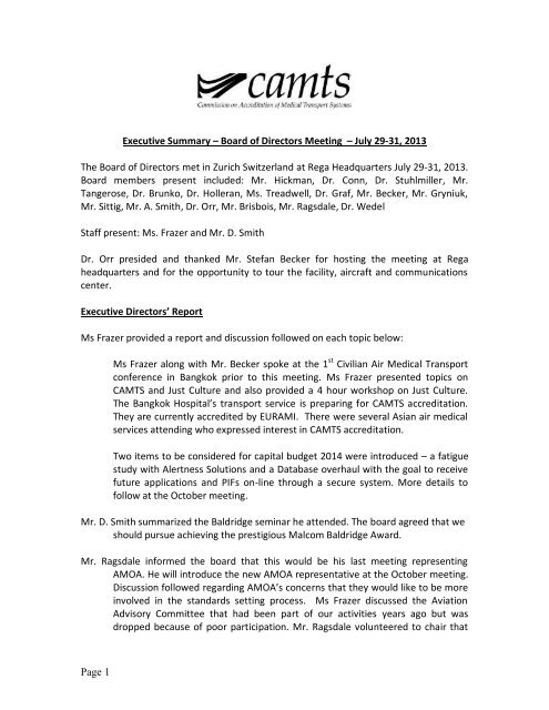 Page 1 Executive Summary â Board of Directors Meeting ... - CAMTS