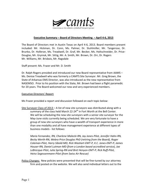 Executive Summary â Board of Directors Meeting â April 4 ... - CAMTS