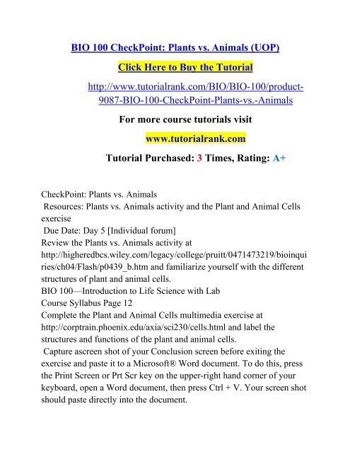 BIO 100 CheckPointPlants vs Animals (UOP)/ Tutorialrank
