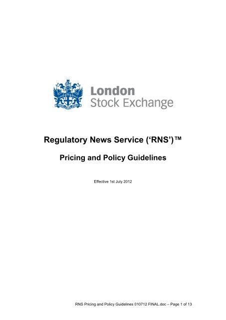 RNS Pricing and Policy Guidelines - London Stock Exchange