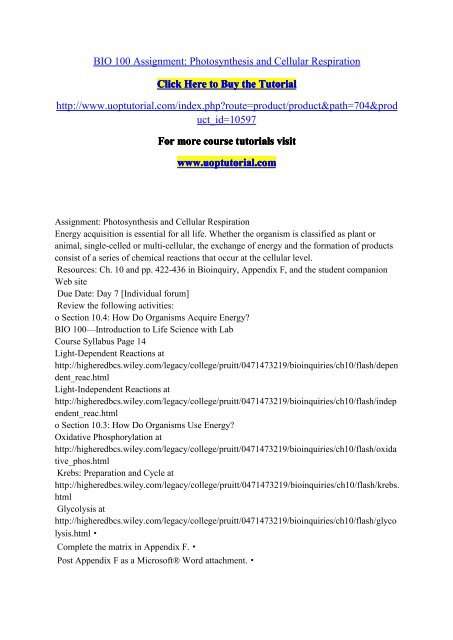 BIO 100 Assignment Photosynthesis and Cellular Respiration