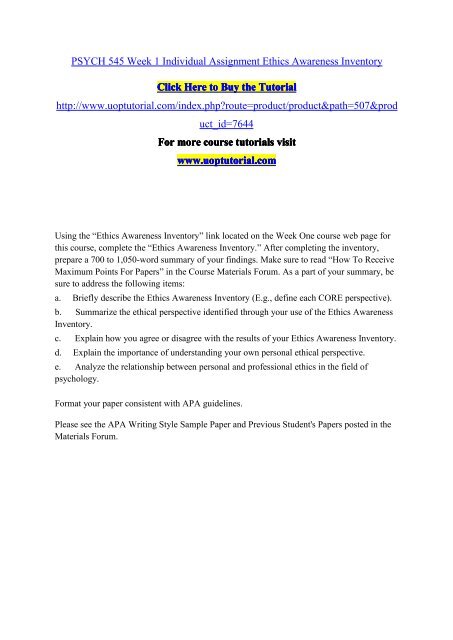 PSYCH 545 Week 1 Individual Assignment Ethics Awareness Inventory ...