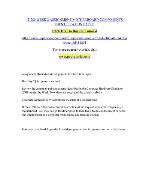 IT 280 WEEK 2 ASSIGNMENT MOTHERBOARD COMPONENTS IDENTIFICATION PAPER