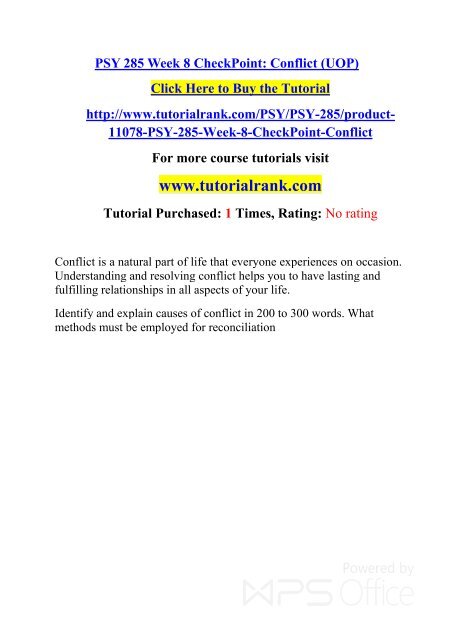 PSY 285 Week 8 CheckPoint Conflict (UOP).pdf