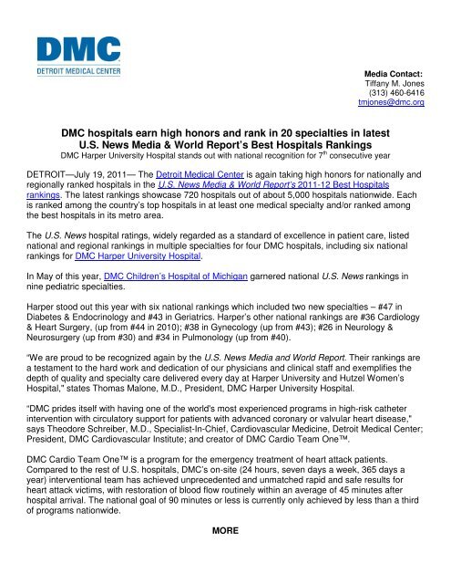 DMC hospitals earn high honors and rank - Detroit Medical Center