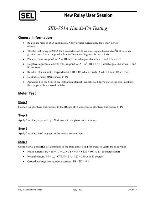New Relay User Session SEL-751A Hands-On Testing
