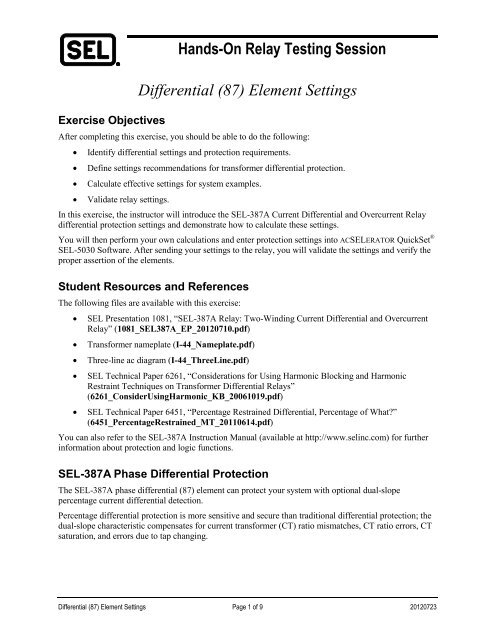 Hands-On Relay Testing Session Differential (87) Element Settings