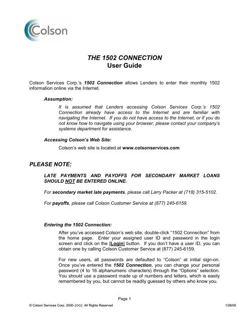 THE 1502 CONNECTION User Guide - Colson Services Corp.