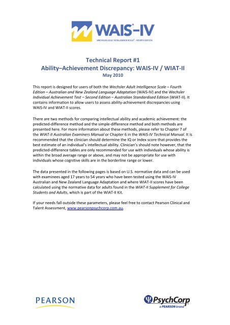 Technical Report #1 Ability–Achievement Discrepancy WAIS-IV / WIAT-II