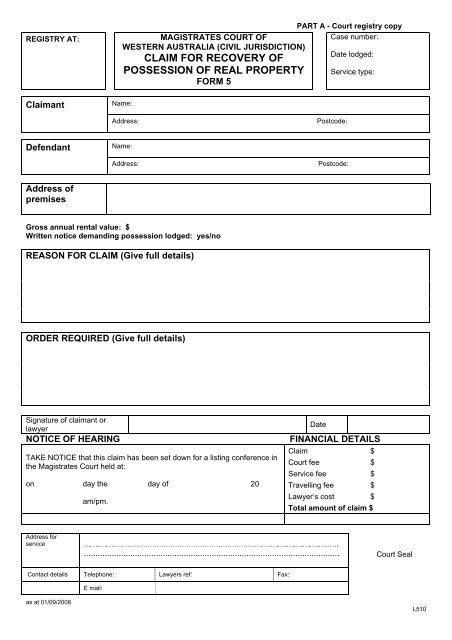 CLAIM FOR RECOVERY OF POSSESSION OF REAL PROPERTY