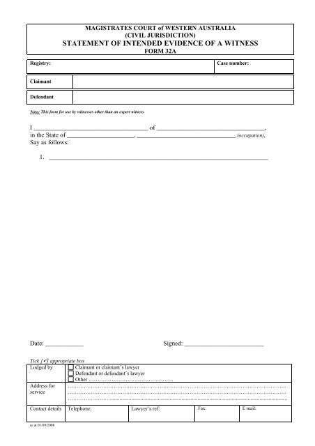 STATEMENT OF INTENDED EVIDENCE OF A WITNESS