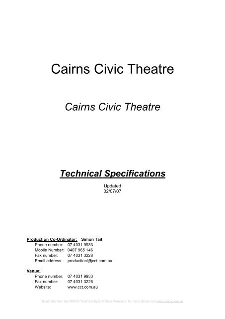 Cairns Civic Theatre Technical Specifications