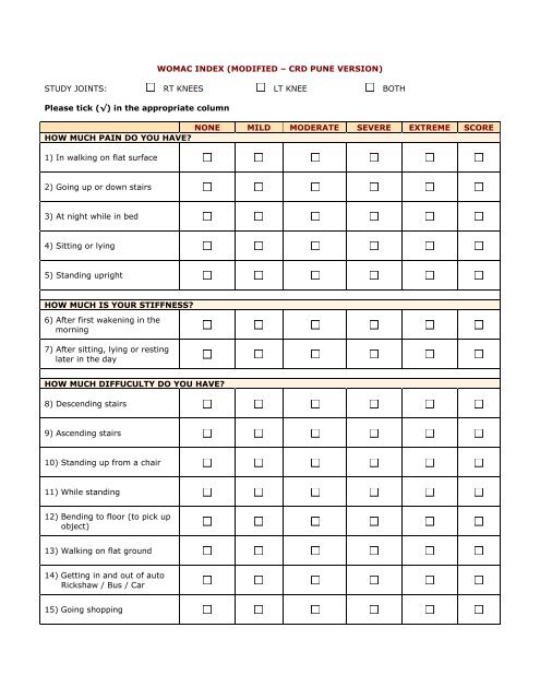 WOMAC INDEX (MODIFIED Å CRD PUNE VERSION) STUDY ...